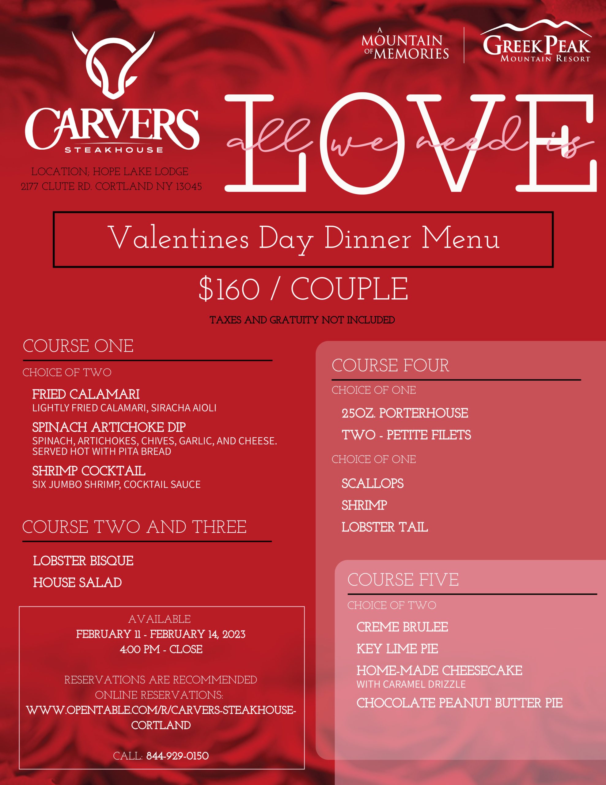 Valentine’s Dinners at Carvers Steakhouse - Greek Peak Mountain Resort