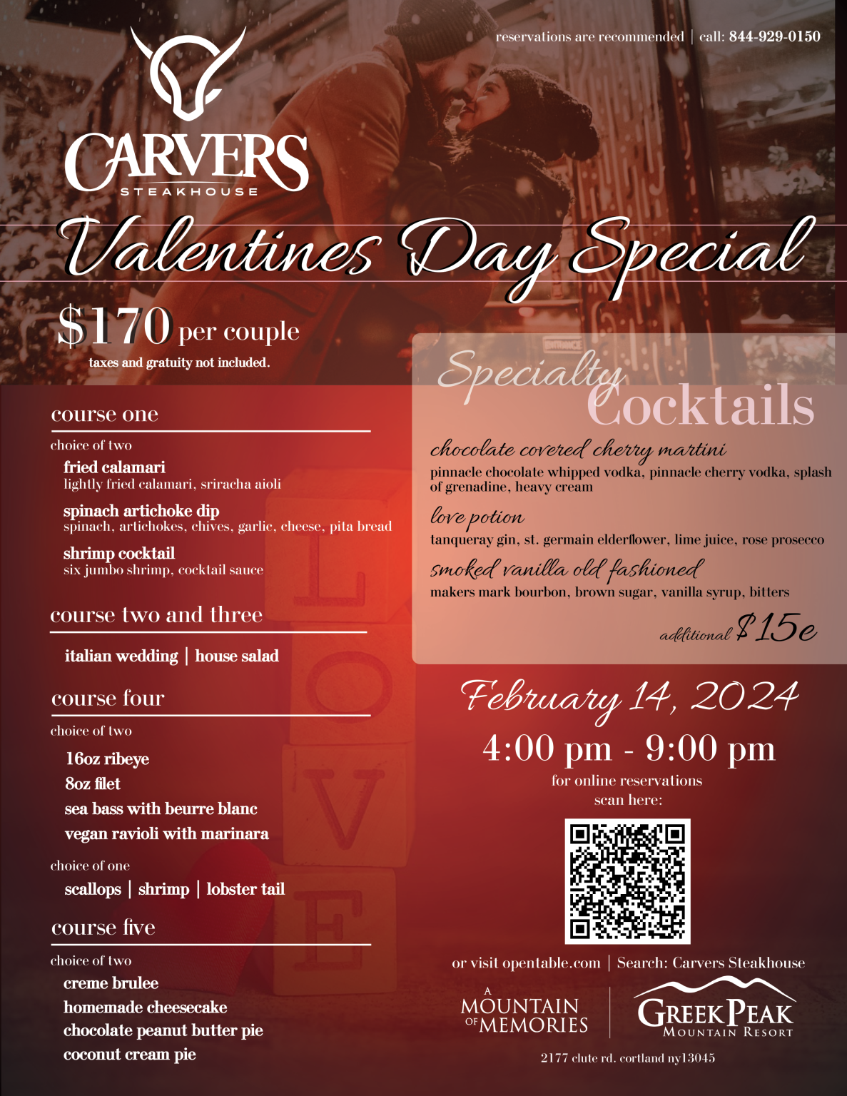 Valentine’s Dinners at Carvers Steakhouse - Greek Peak Mountain Resort